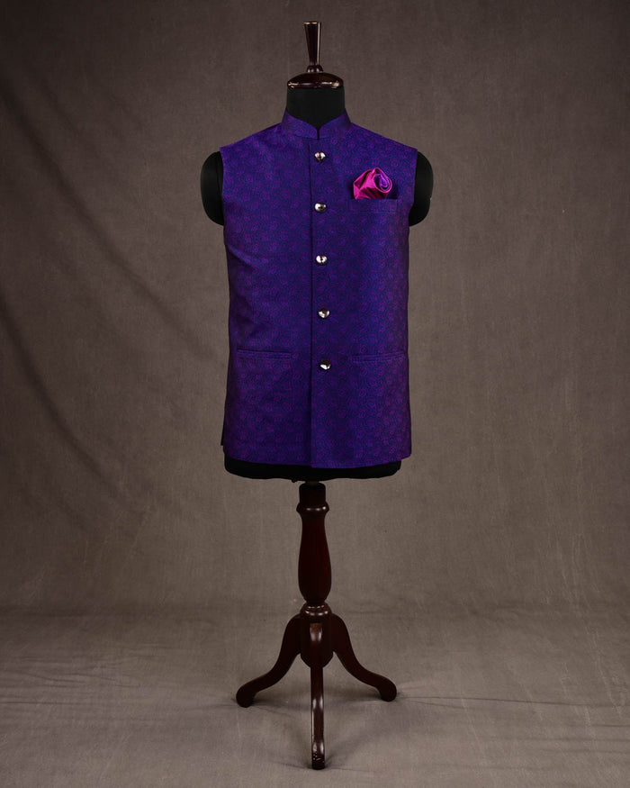 Purple Alfi Paisley Jamawar Handwoven Silk Mens Modi Jacket