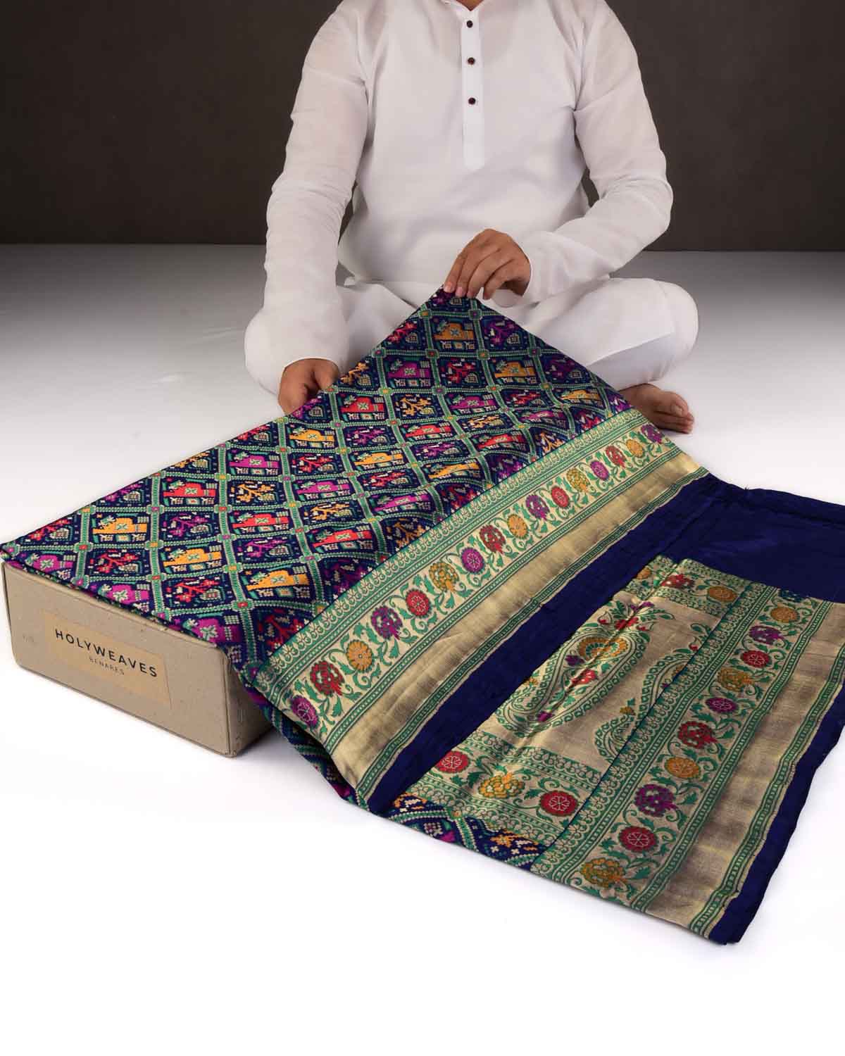 Navy Blue Banarasi Patola Cutwork Brocade Handwoven Katan Silk Saree