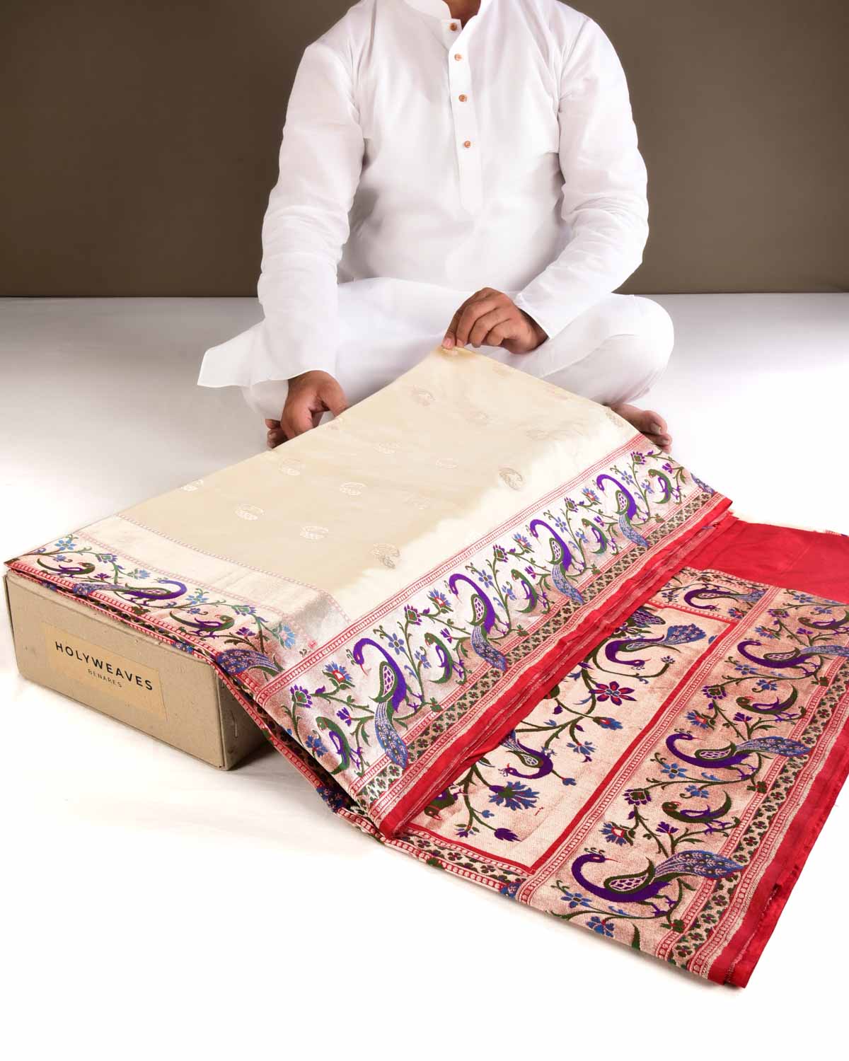 Cream Banarasi Gold Zari Meena Paithani Parrot & Peacock Kadiyal Broca