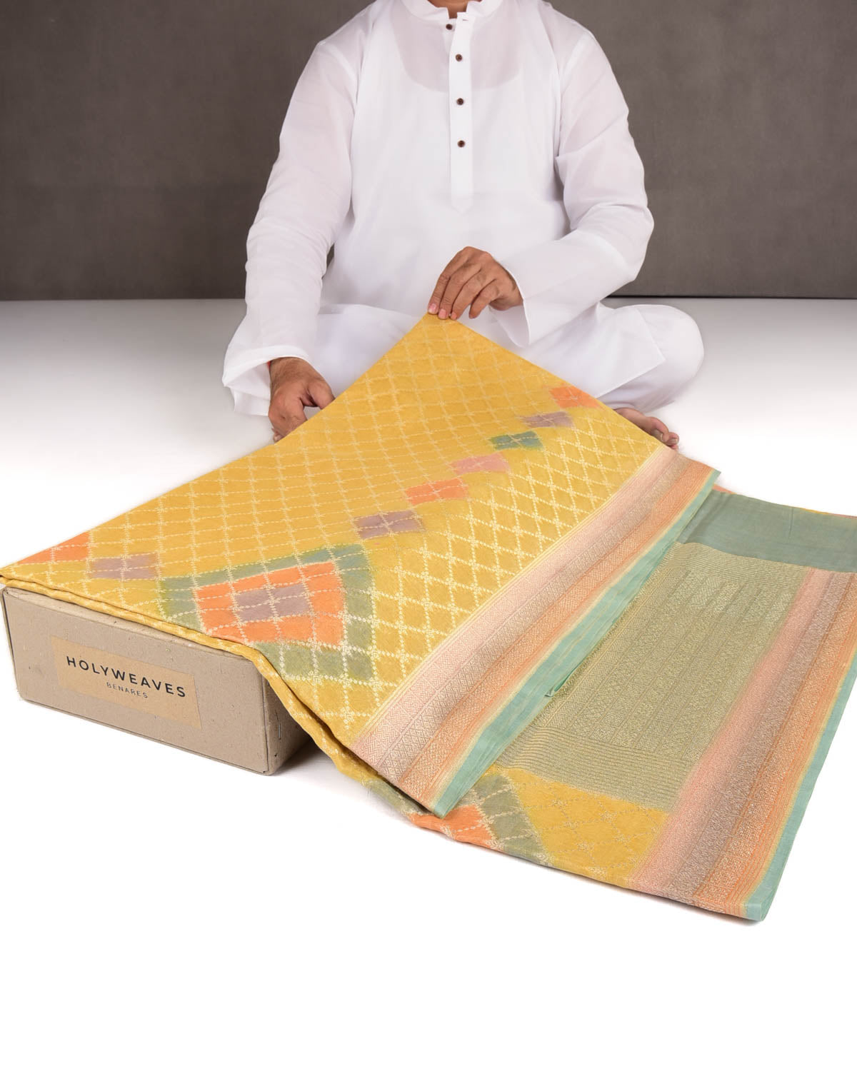 Yellow Multi-color Hand Brush Dye Gold Zari Cutwork Brocade Woven Cott