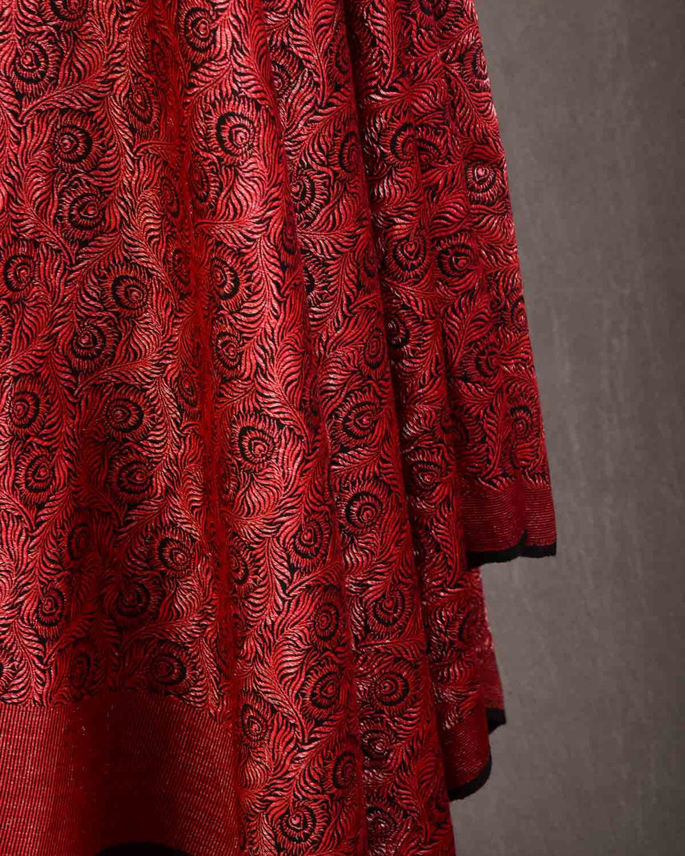 Black & Metallic Red Morpankh Brocade Handwoven Silk Wool Banarasi Sha