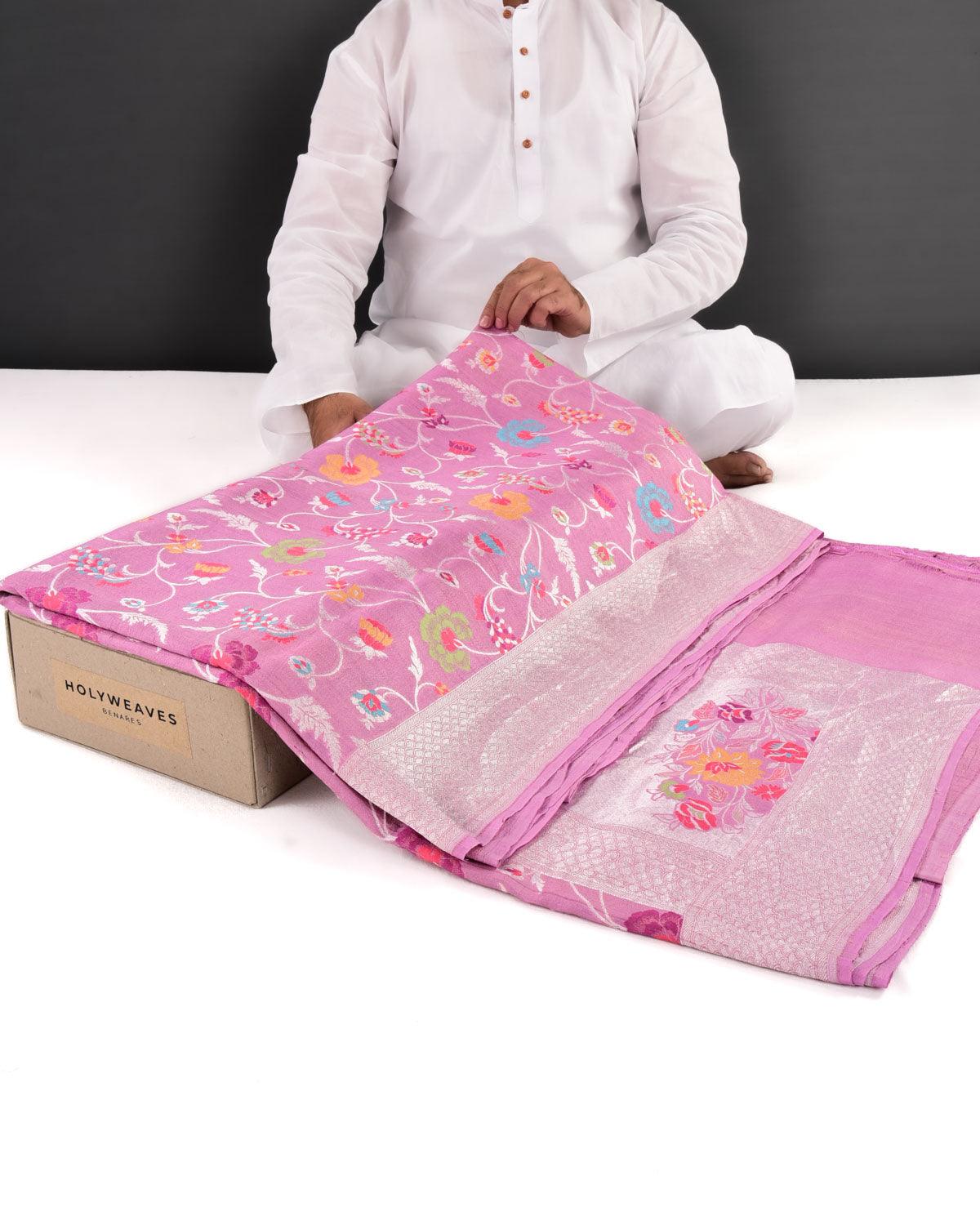 English Lavender Banarasi Silver Zari Meenekari Floral Jaal Cutwork Br