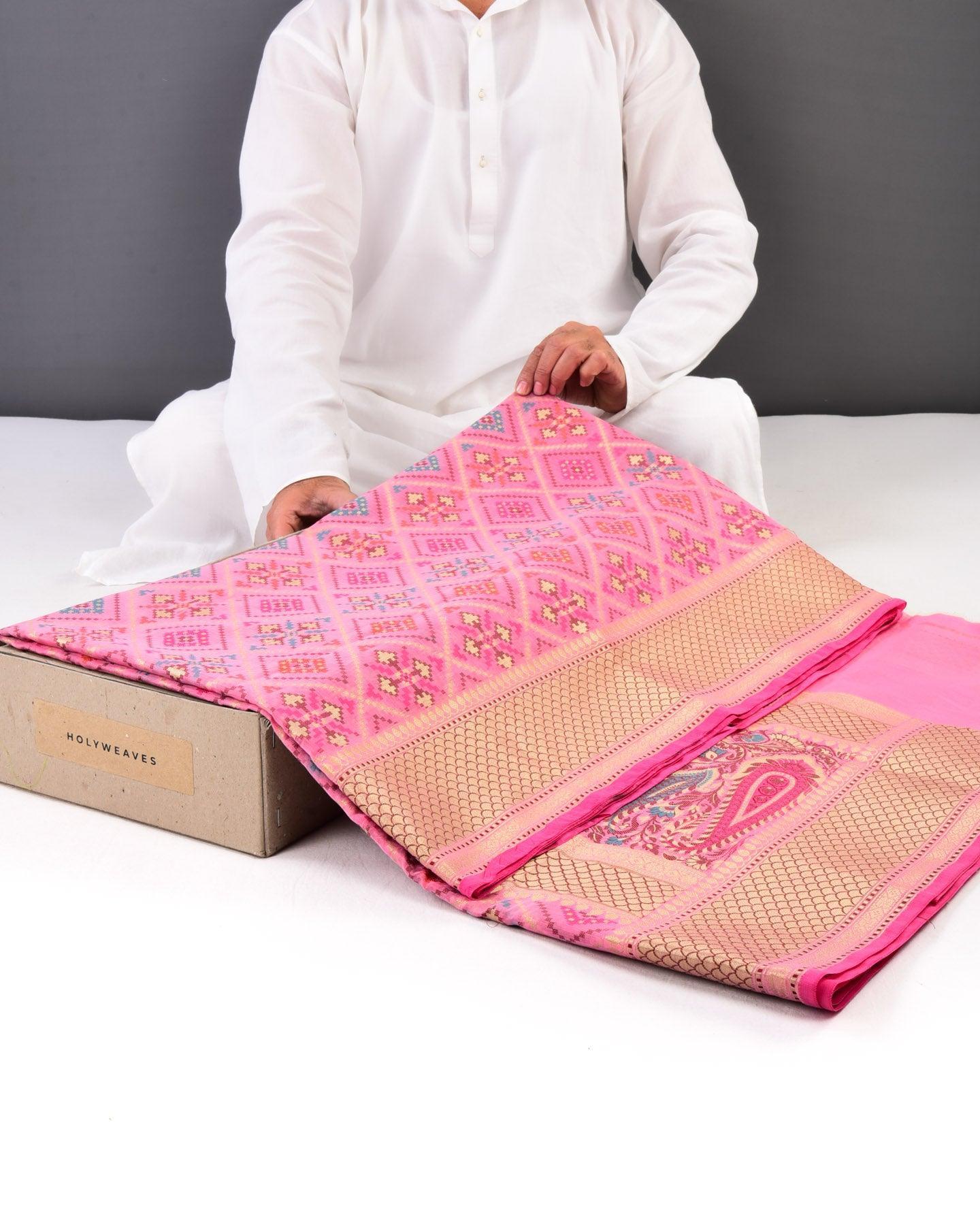 Amaranth Pink Banarasi Patola Cutwork Brocade Woven Cotton Silk Saree