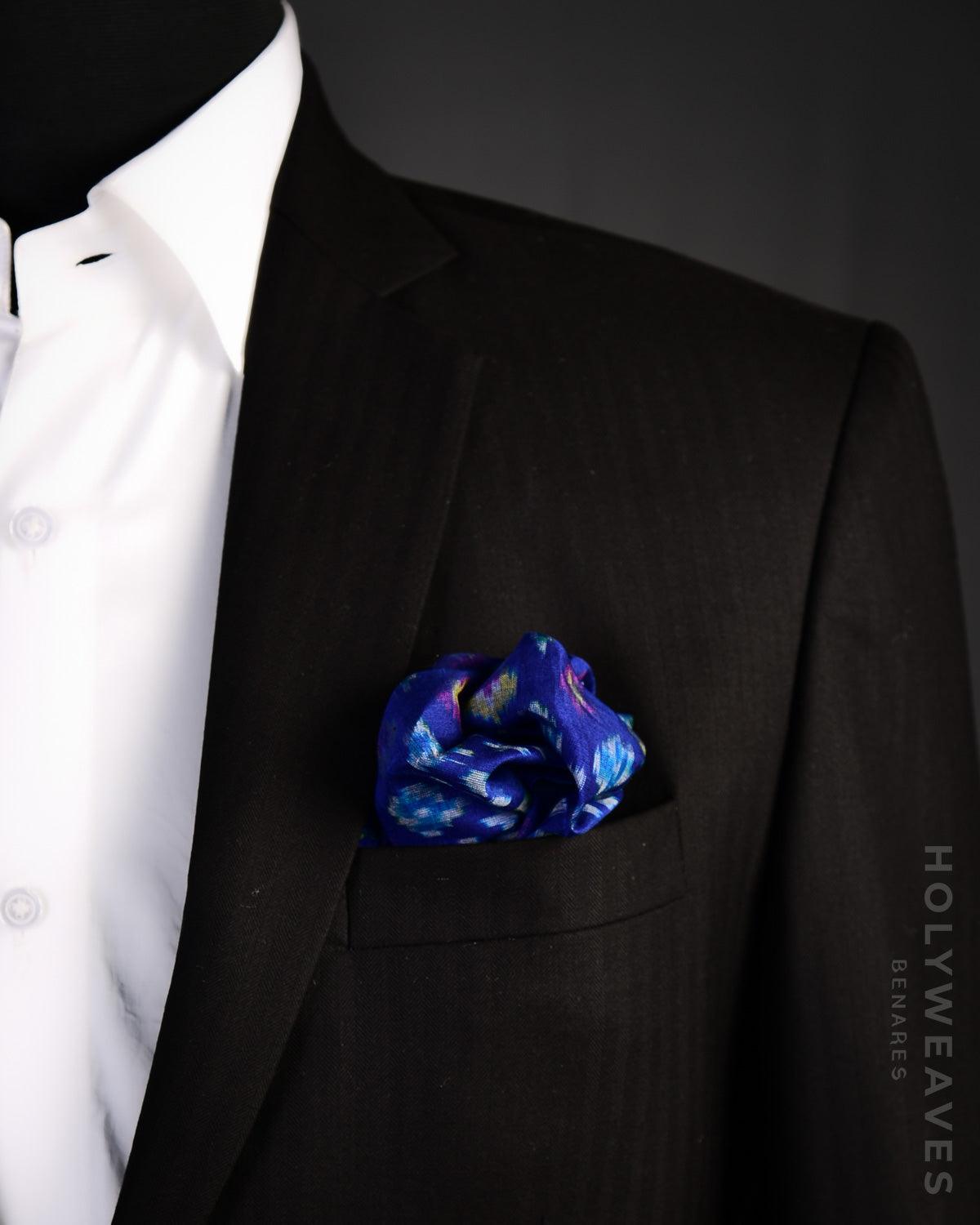 Blue Banarasi Multi Color Buti Ikat Handwoven Cotton Pocket Square