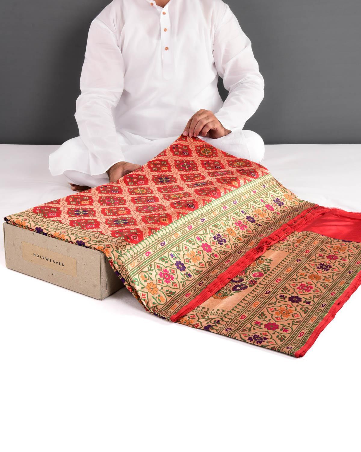 Bridal Red Banarasi Tehra Patola Cutwork Brocade Handwoven Katan Silk