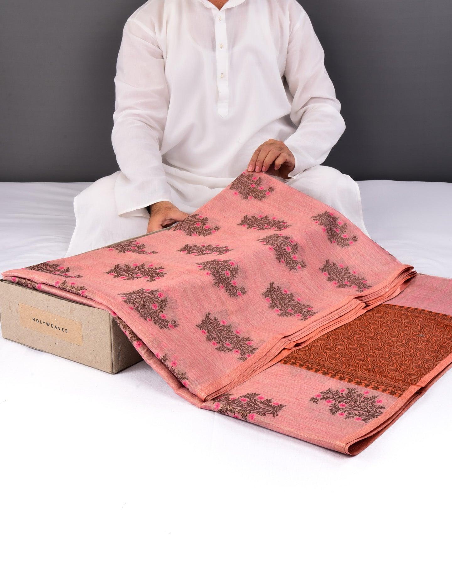 Metallic Peach Banarasi Antique Zari & Resham Meena Buta Cutwork Broca