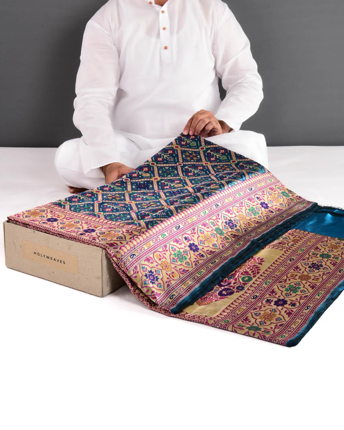 Peacock Blue Banarasi Patola Cutwork Brocade Handwoven Katan Silk Sare