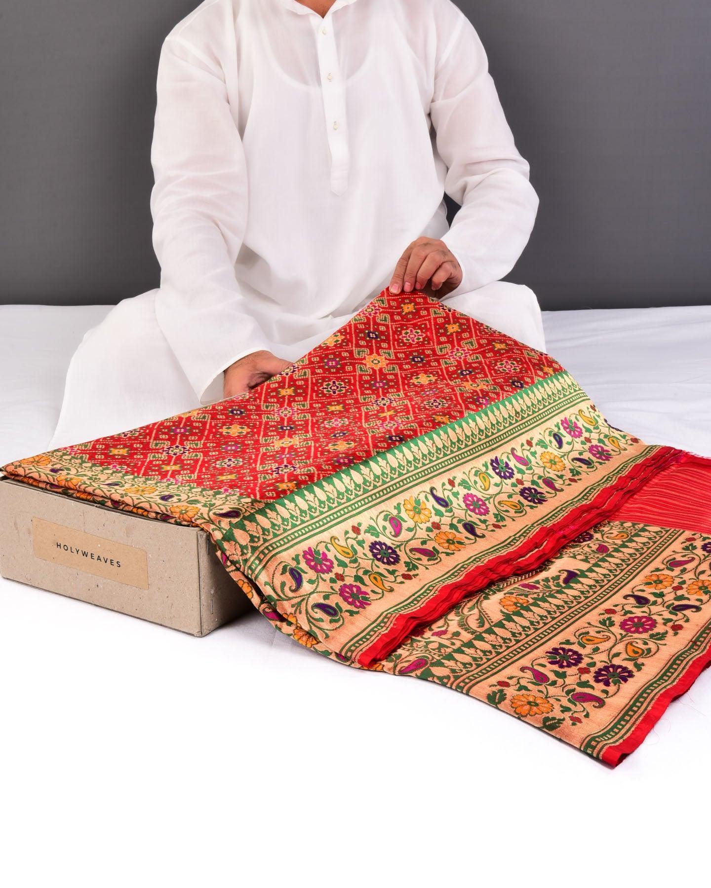 Red Banarasi Patola Chauhara Meena Cutwork Brocade Handwoven Katan Sil