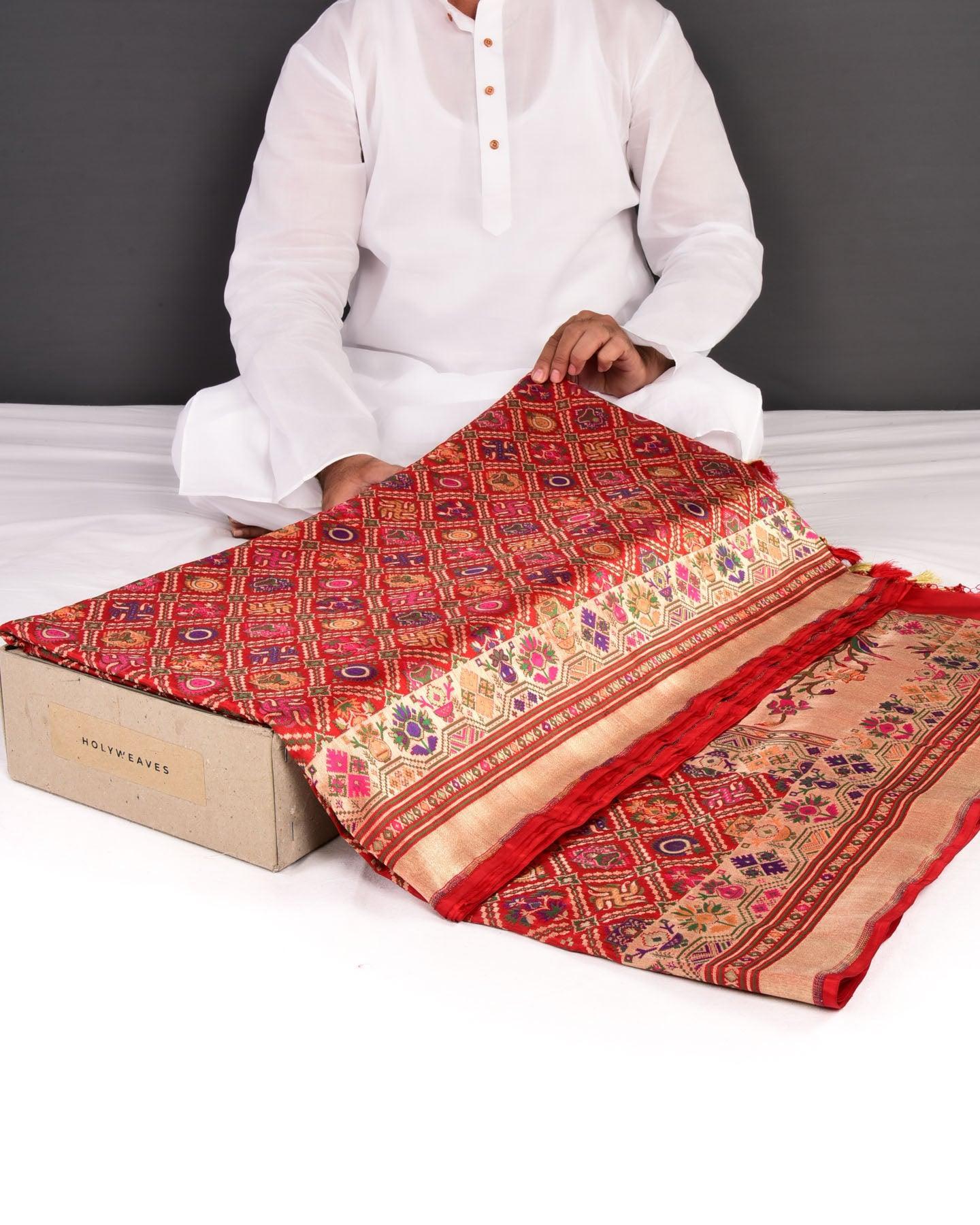 Red Banarasi Patola Panchehra Meena Cutwork Brocade Handwoven Katan Si