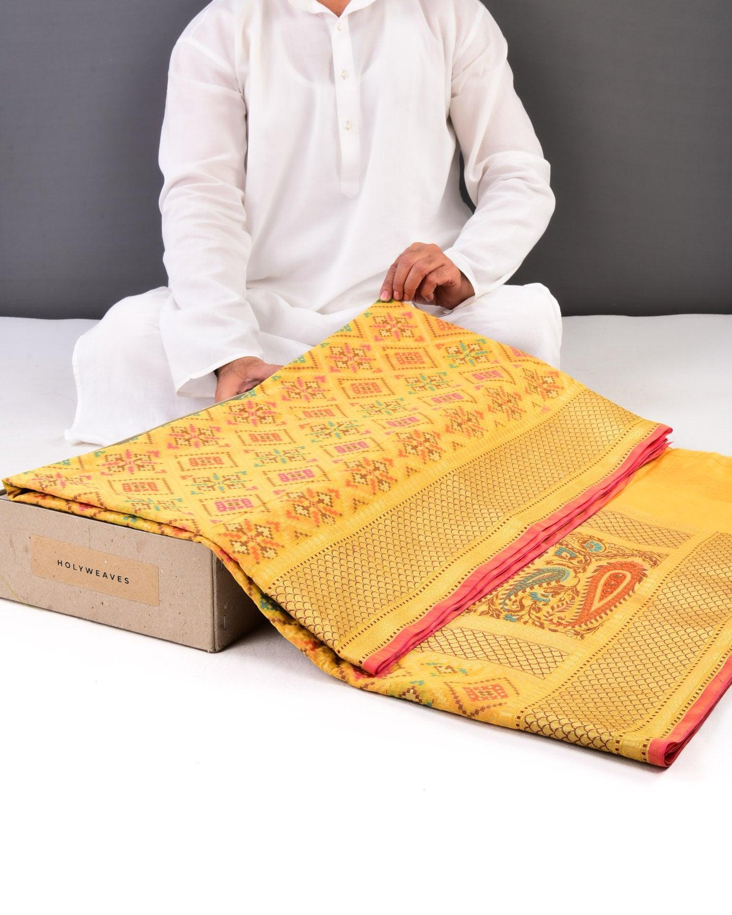 Yellow Banarasi Patola Cutwork Brocade Woven Cotton Silk Saree